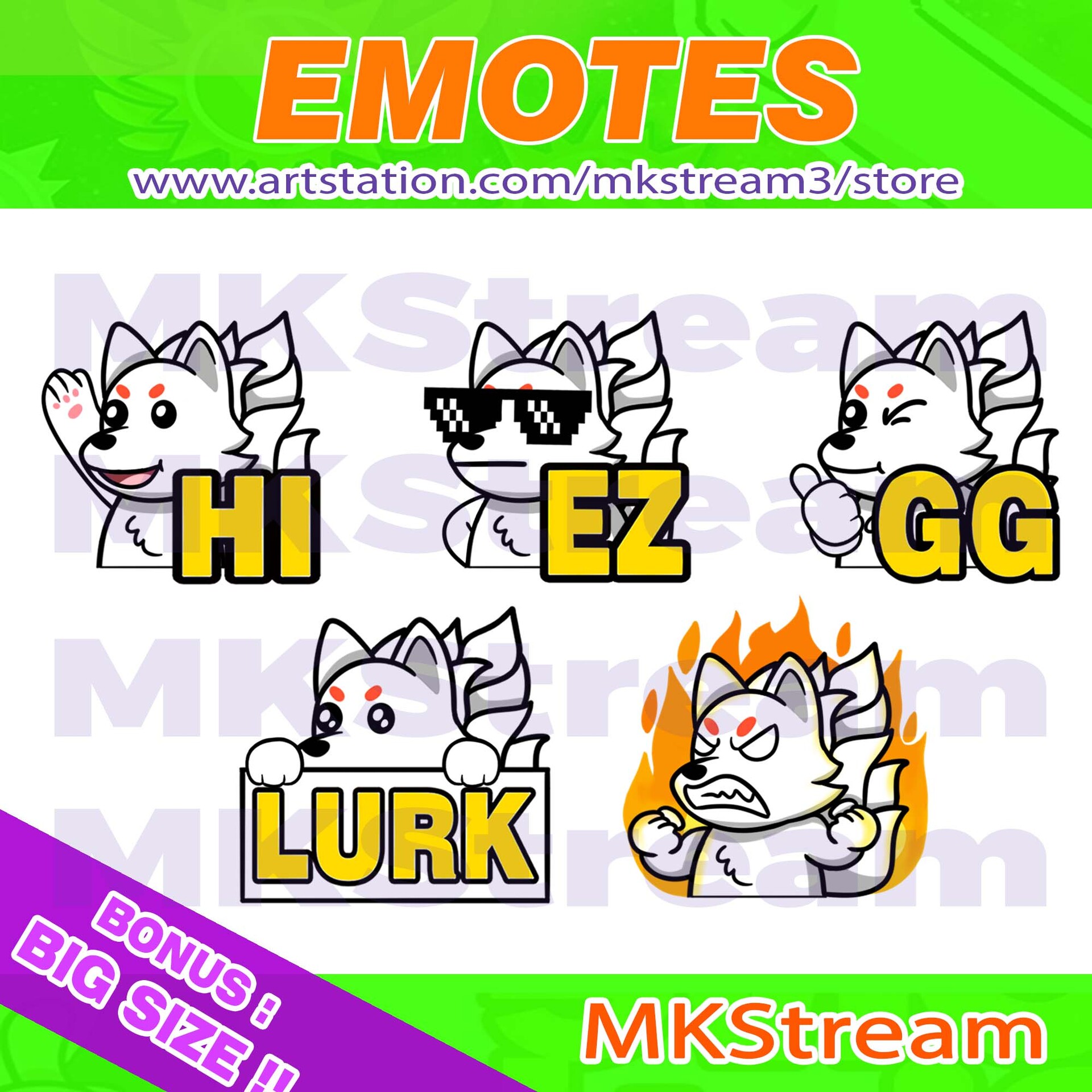 ArtStation - Twitch emotes kyubi fox lurk, hi, gg, ez & rage pack