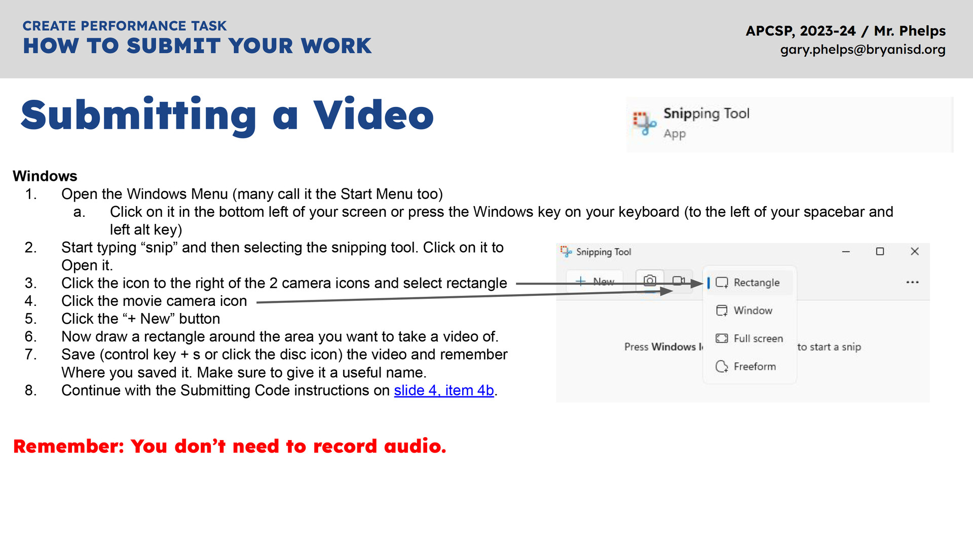 Gary Phelps - Slides, AP Computer Science Principles Create Performance Task