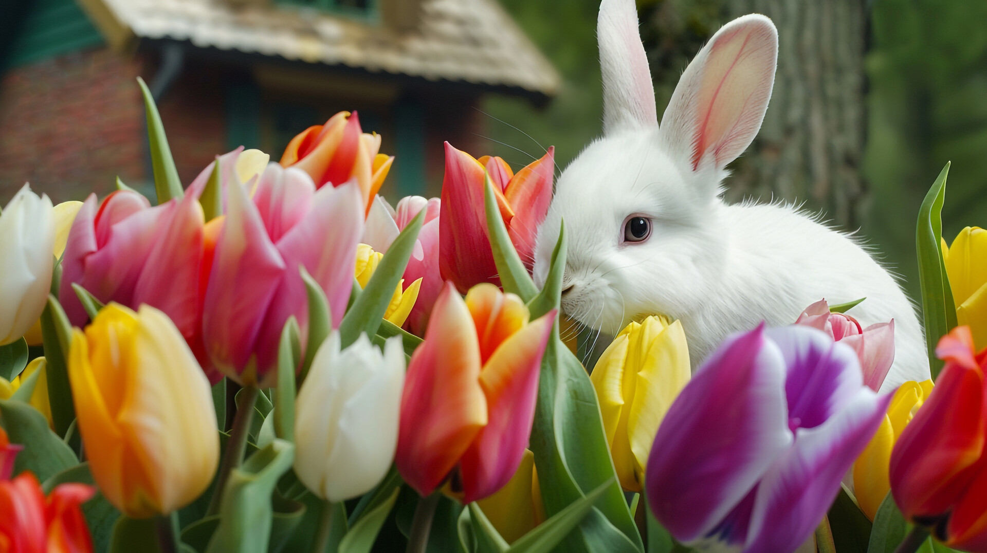 ArtStation - Cute white rabbit nestled in a group of colorful tulips ...