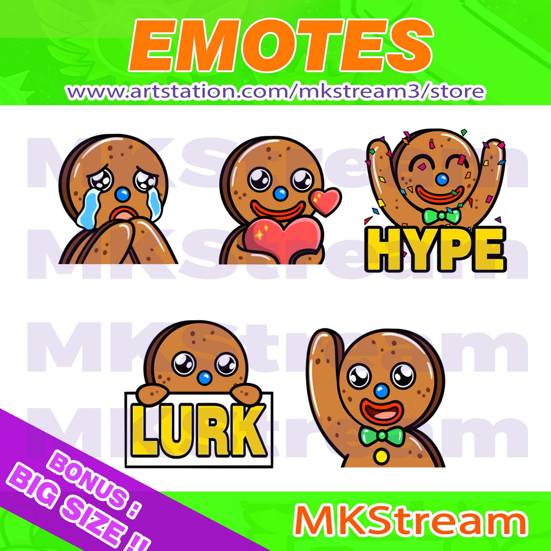 ArtStation - Twitch emotes gingerbread lurk, waving, hype, love & cry pack