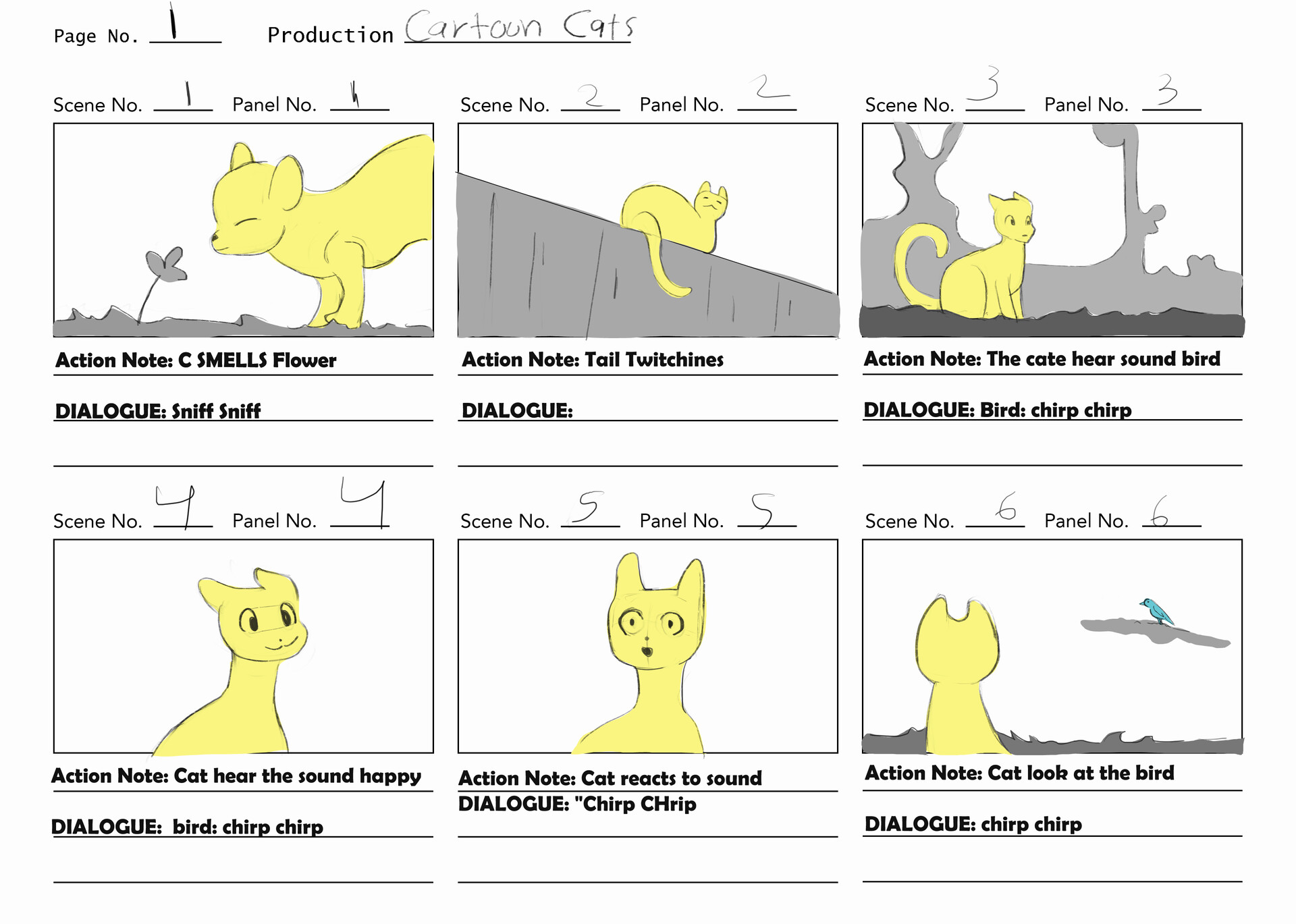 ArtStation - Cartoon cat find bird storyboard