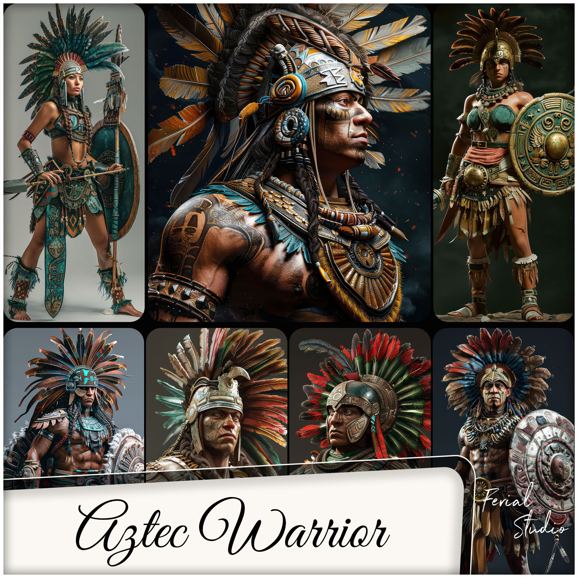 Ferial Studio - 🔹230 Aztec Warrior Character Reference Image Pack v.28 |4K|