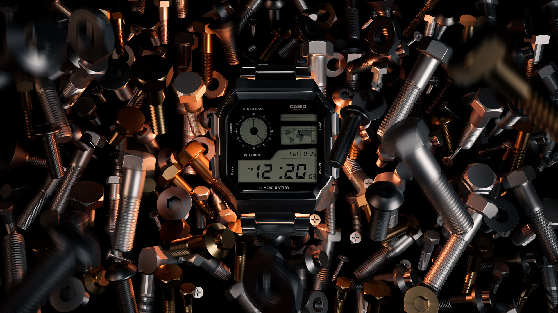 ArtStation - Realistic Casio Watch Render Amidst Industrial Bolts