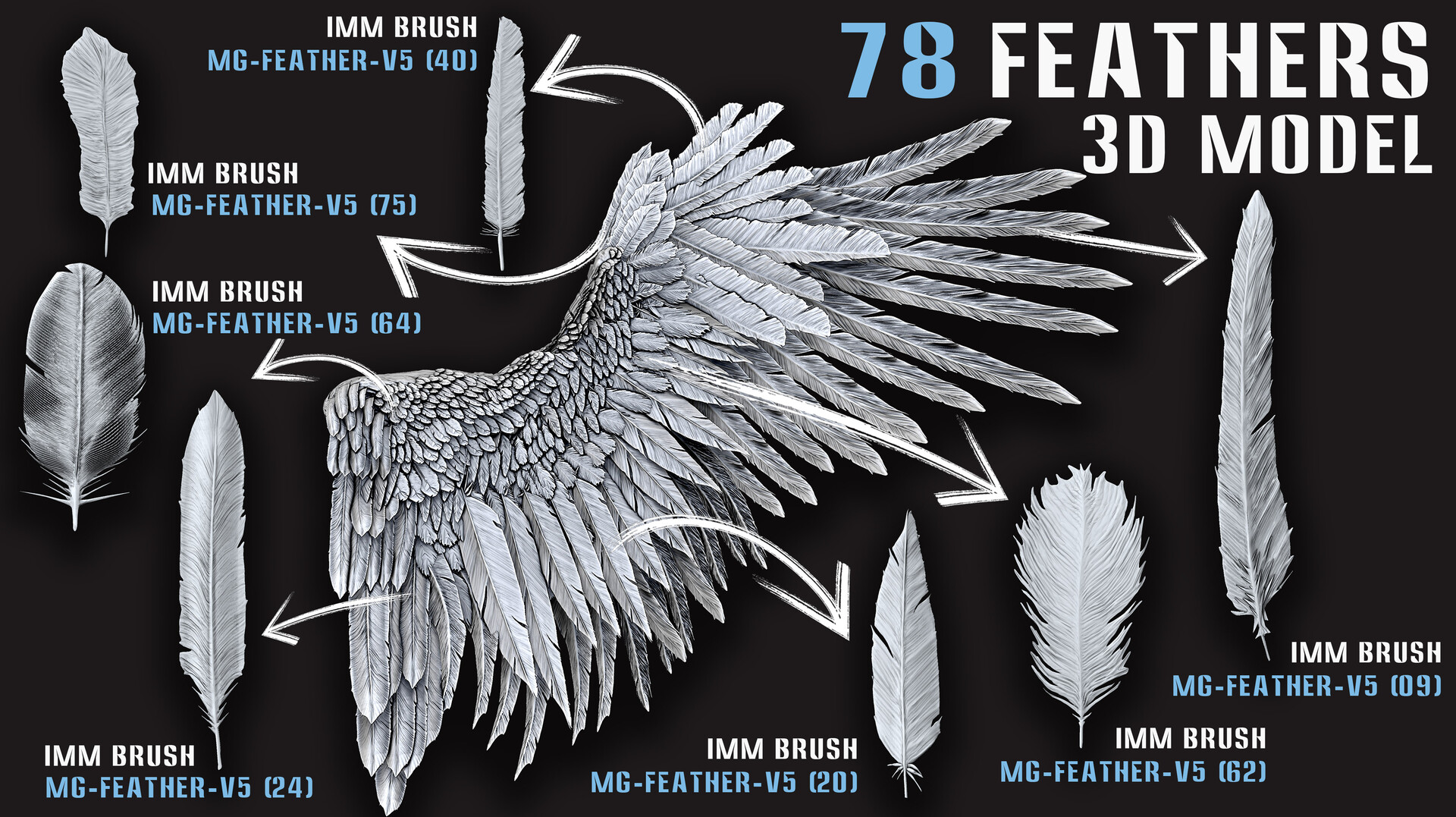 Mona Ghafourian - 78 Feathers 3D Model (High, Mid, and Low Poly) – Vol.05