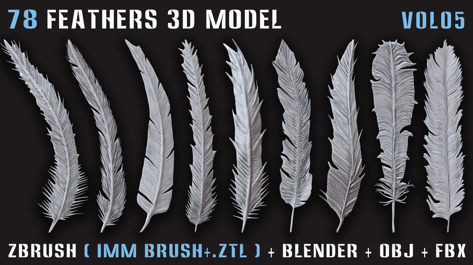 Mona Ghafourian - 78 Feathers 3D Model (High, Mid, and Low Poly) – Vol.05