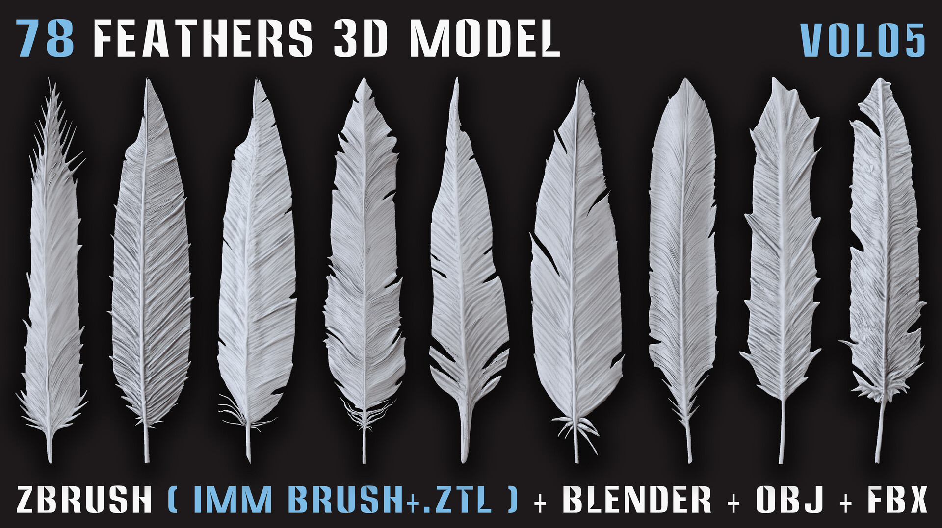 Mona Ghafourian - 78 Feathers 3D Model (High, Mid, and Low Poly) – Vol.05