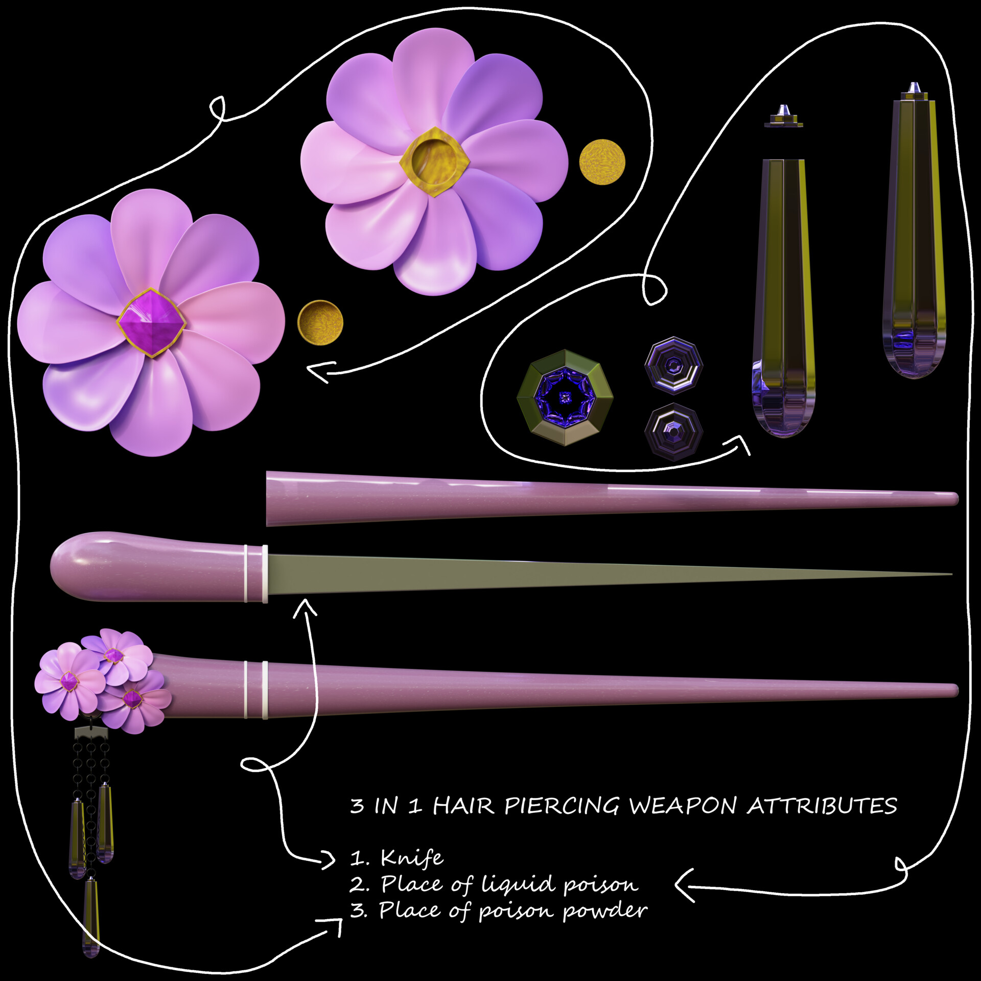ArtStation - 3 IN 1 Hair Piercing Weapon Attributes
