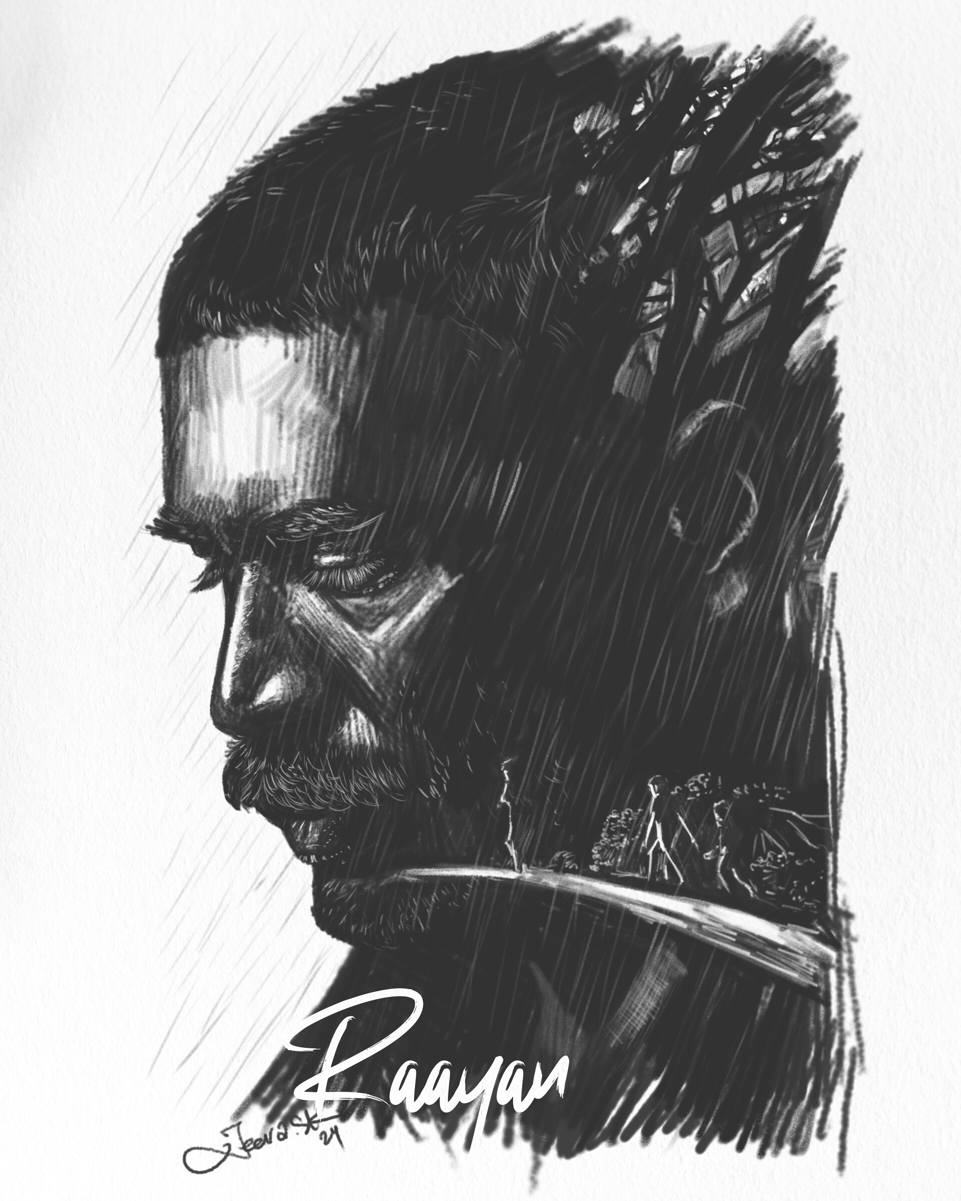 ArtStation - Raayan Actor Dhanush Charcoal Pencil Art 2024