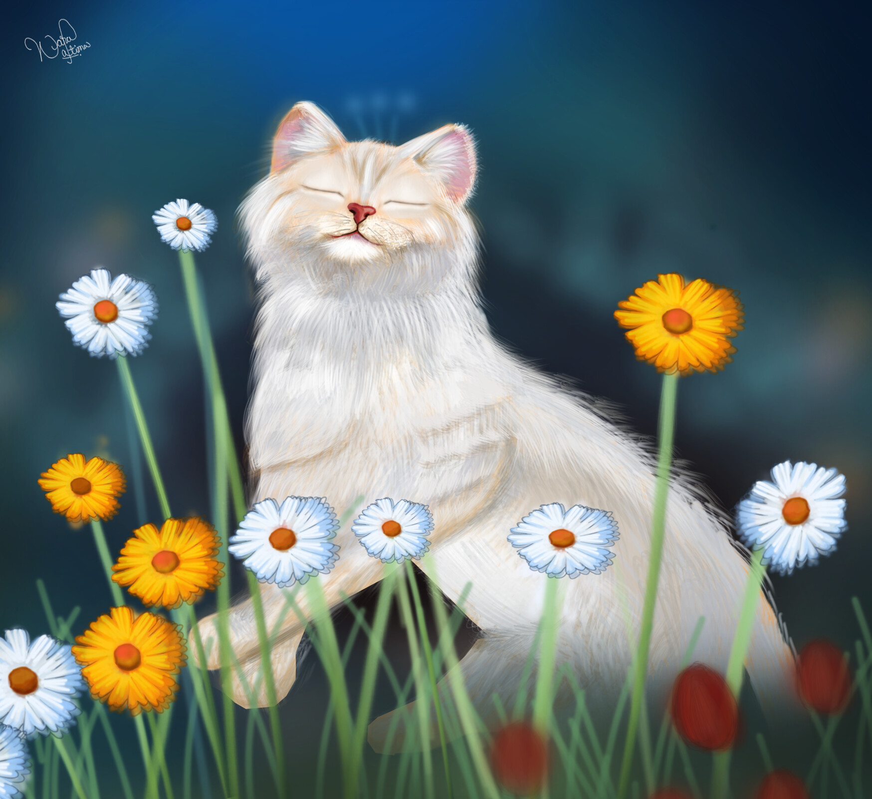 ArtStation - Cat adoring diasies