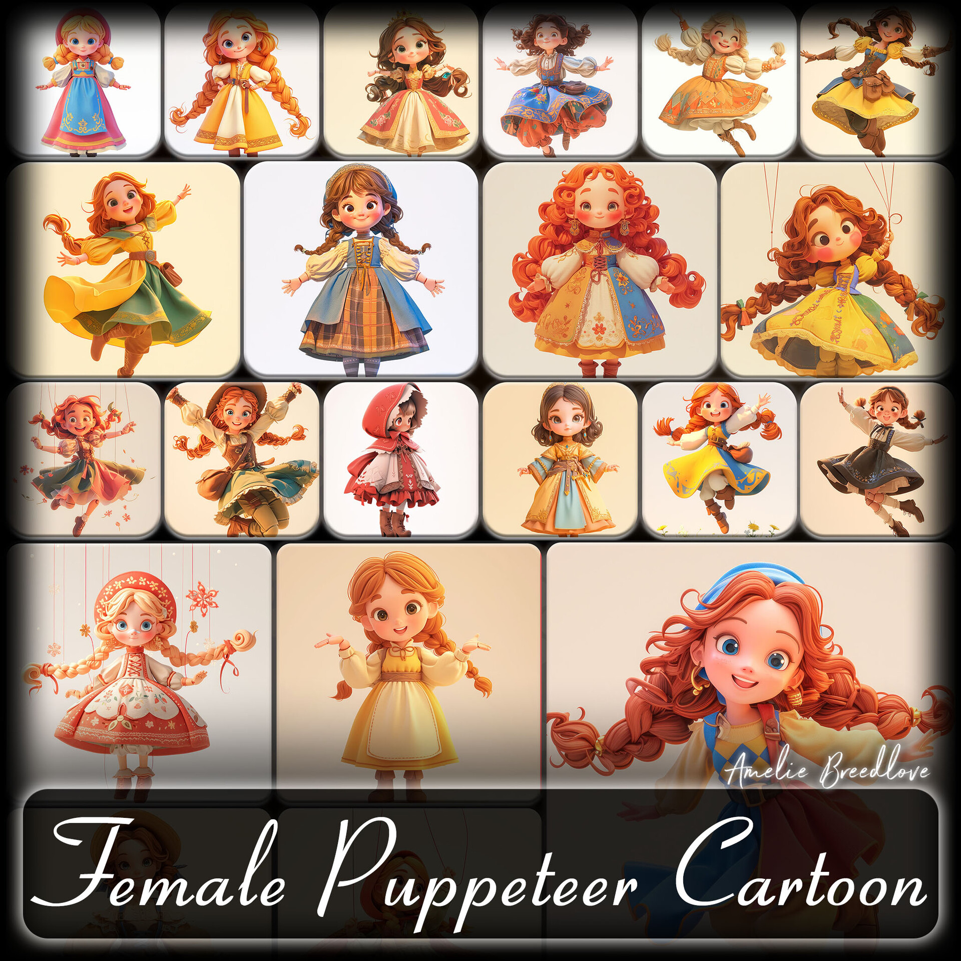 Amelie Anime - 200 Female Puppeteer Cartoon (Full Body) Reference Pack ...