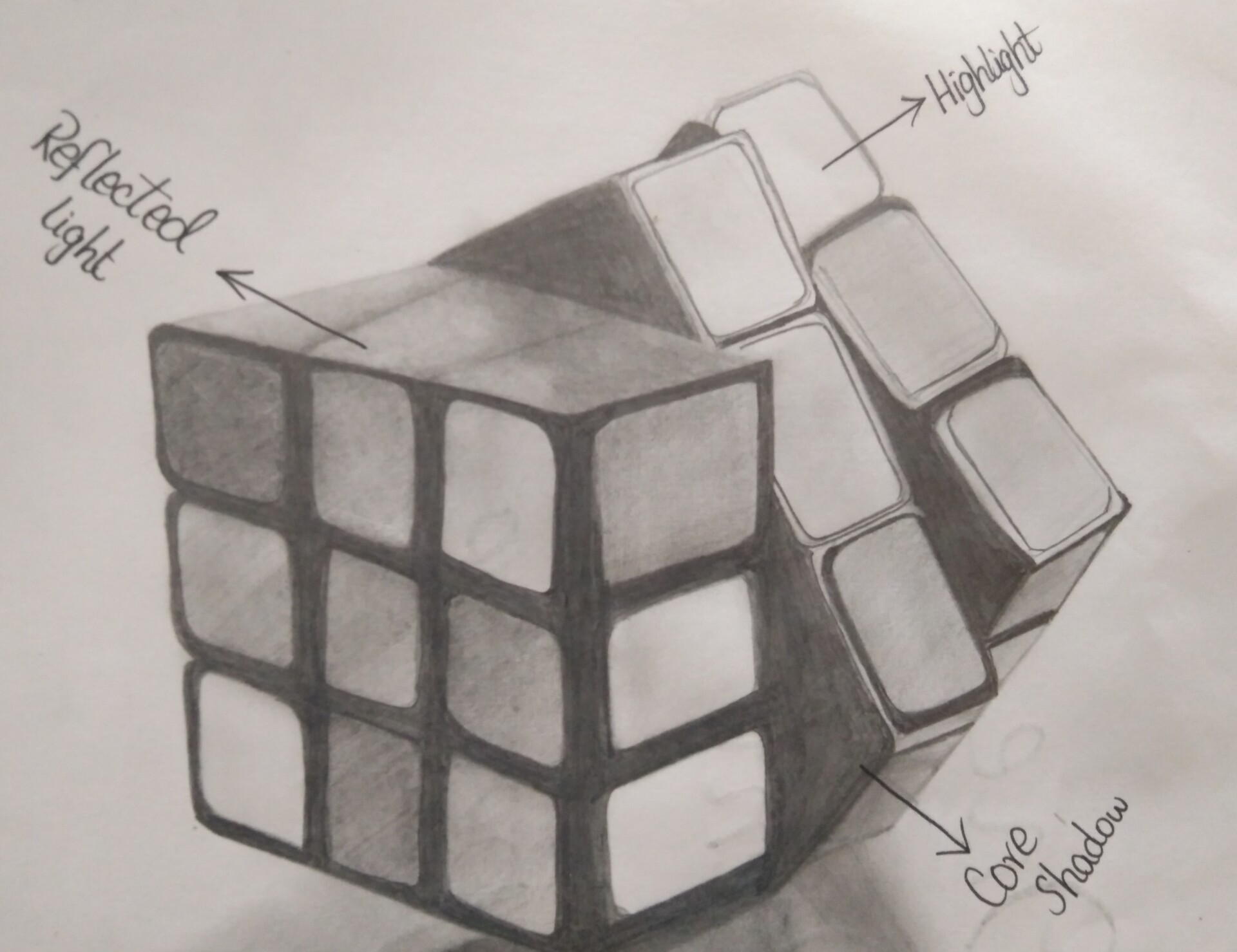 ArtStation - still life Chiaroscuro drawing of a Rubix cube.