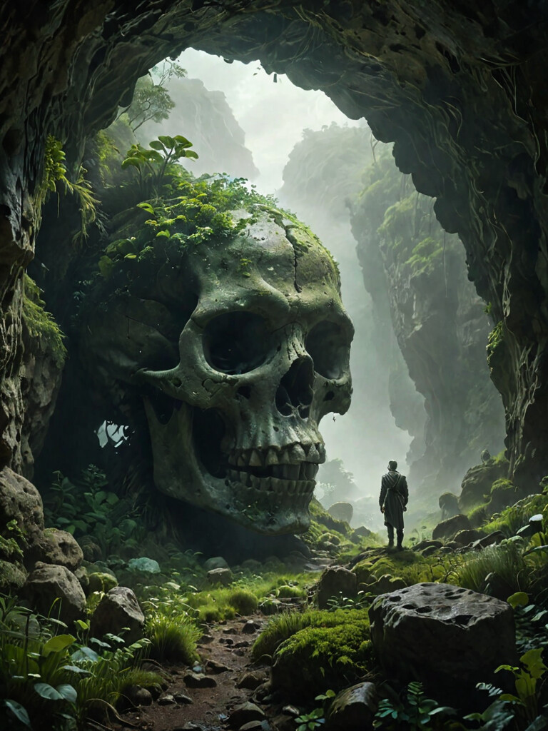 ArtStation - A human figure discovering a skull cave in a misty area