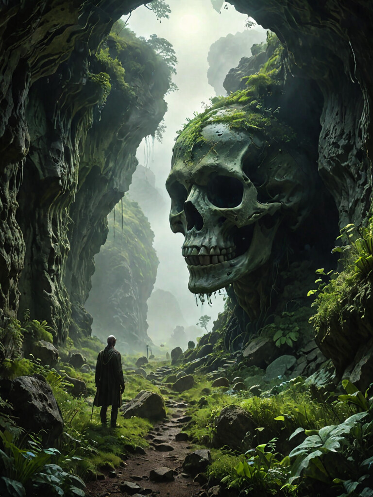 ArtStation - A human figure discovering a skull cave in a misty area