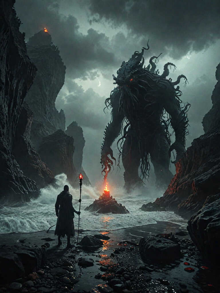 ArtStation - A man with a torch in the dark facing mysterious creatures ...