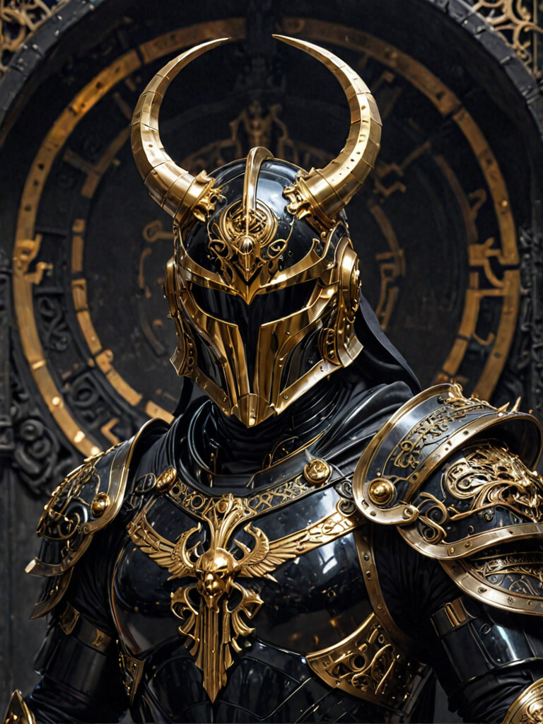 ArtStation - A knight in a gold-black armor and helmet