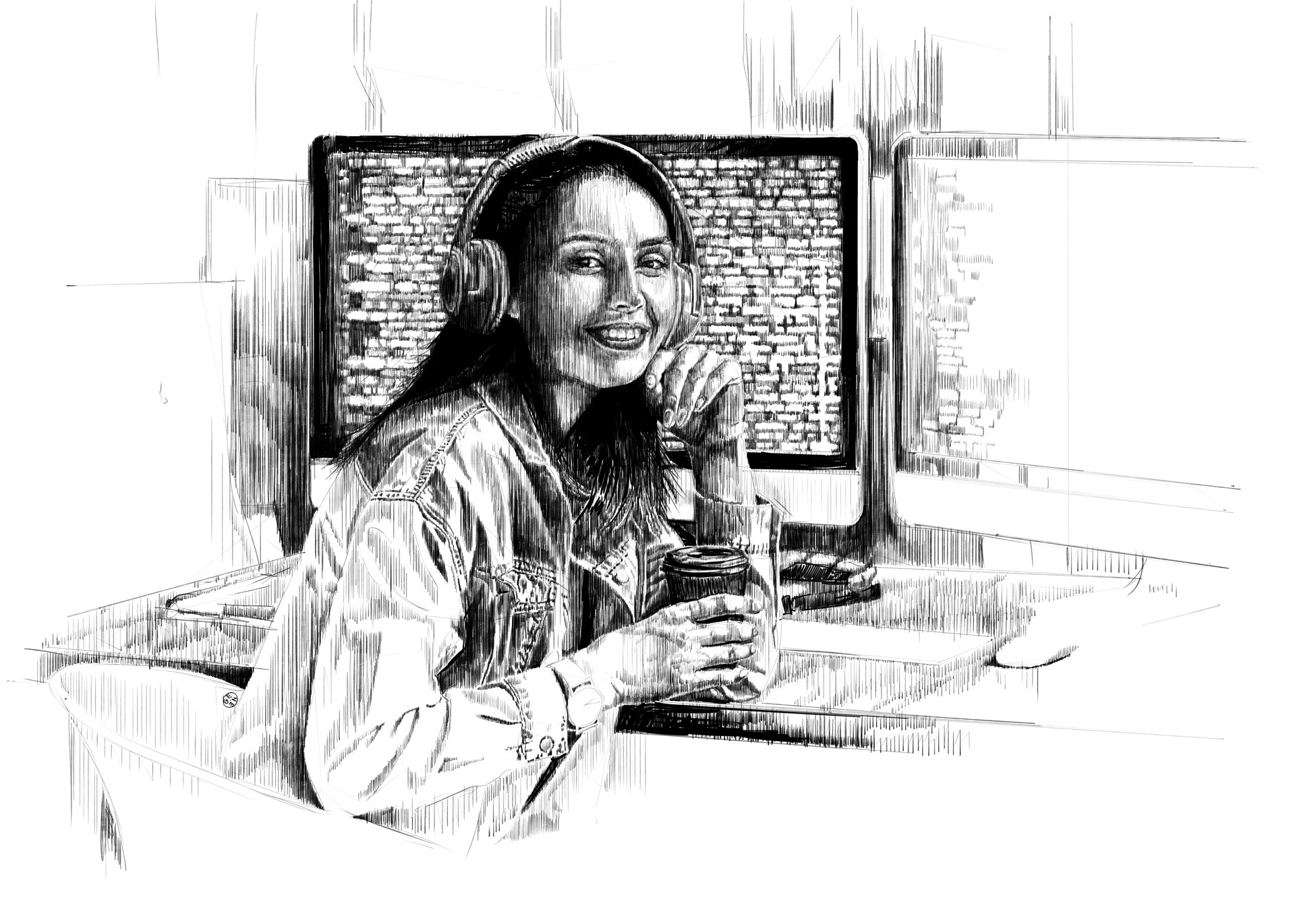 ArtStation - Female programmer with code screens drawing