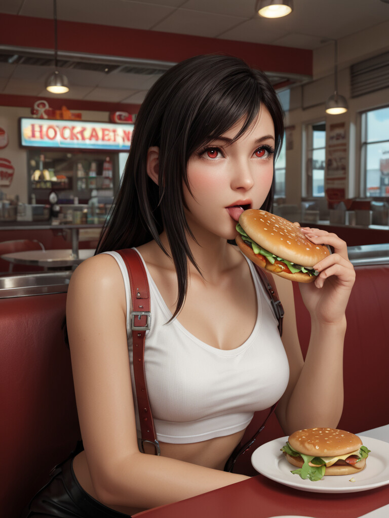 ArtStation - Tifa Lockhart is eating a hamburger and a plate of food