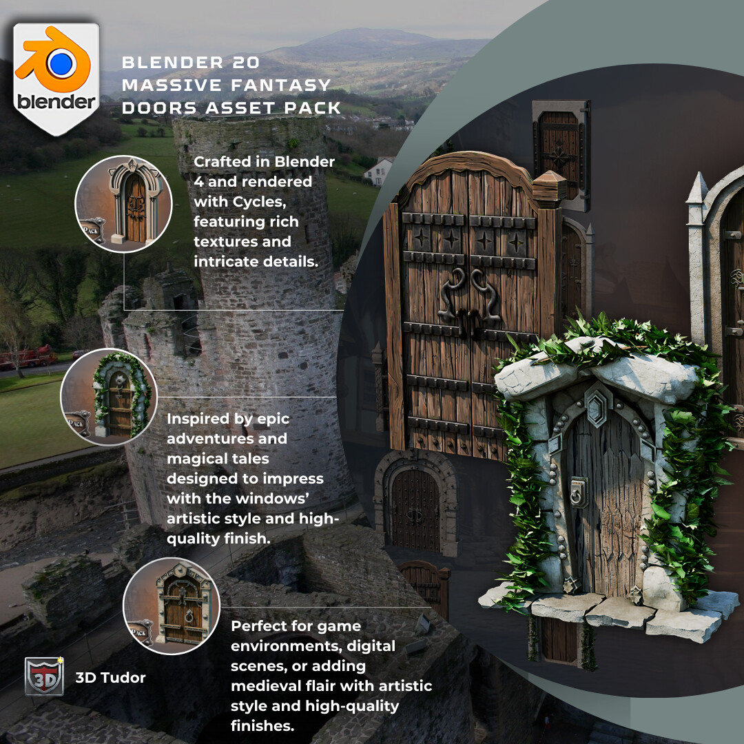 3D Tudor - Blender 20 Massive Fantasy Doors Asset Pack