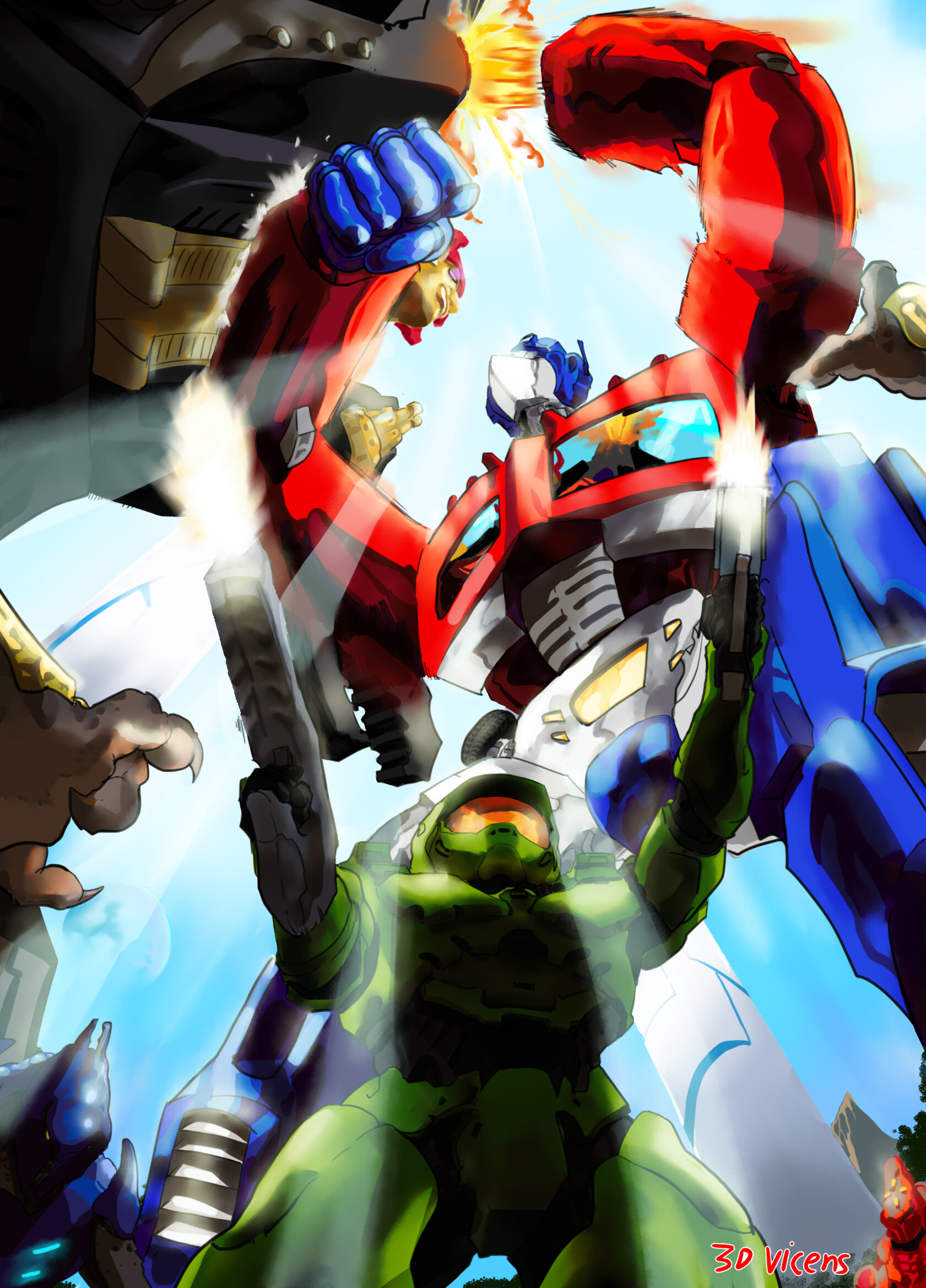 ArtStation - Master Chief and Optimus Prime fighting together