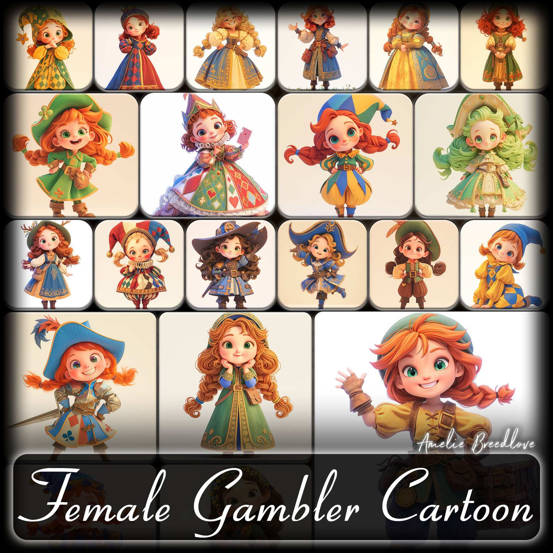 Amelie Anime - 200 Female Gambler Cartoon (Full Body) Reference Pack ...