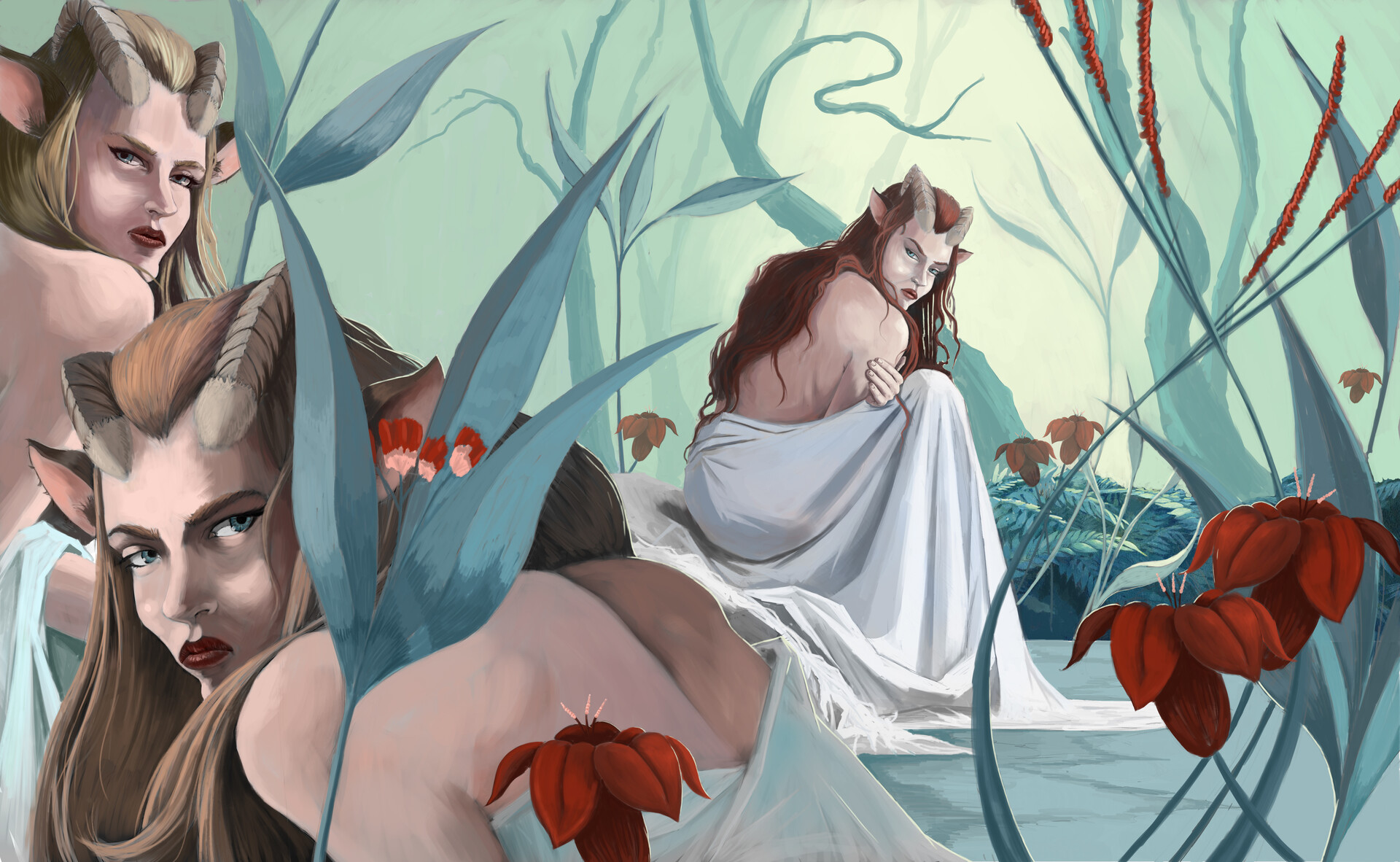 ArtStation - Fawns bathing by the river