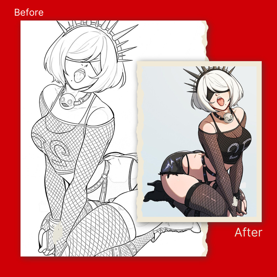 ArtStation - Before and after: fishnet edition! 🎉Embracing my inner 2B with this look!