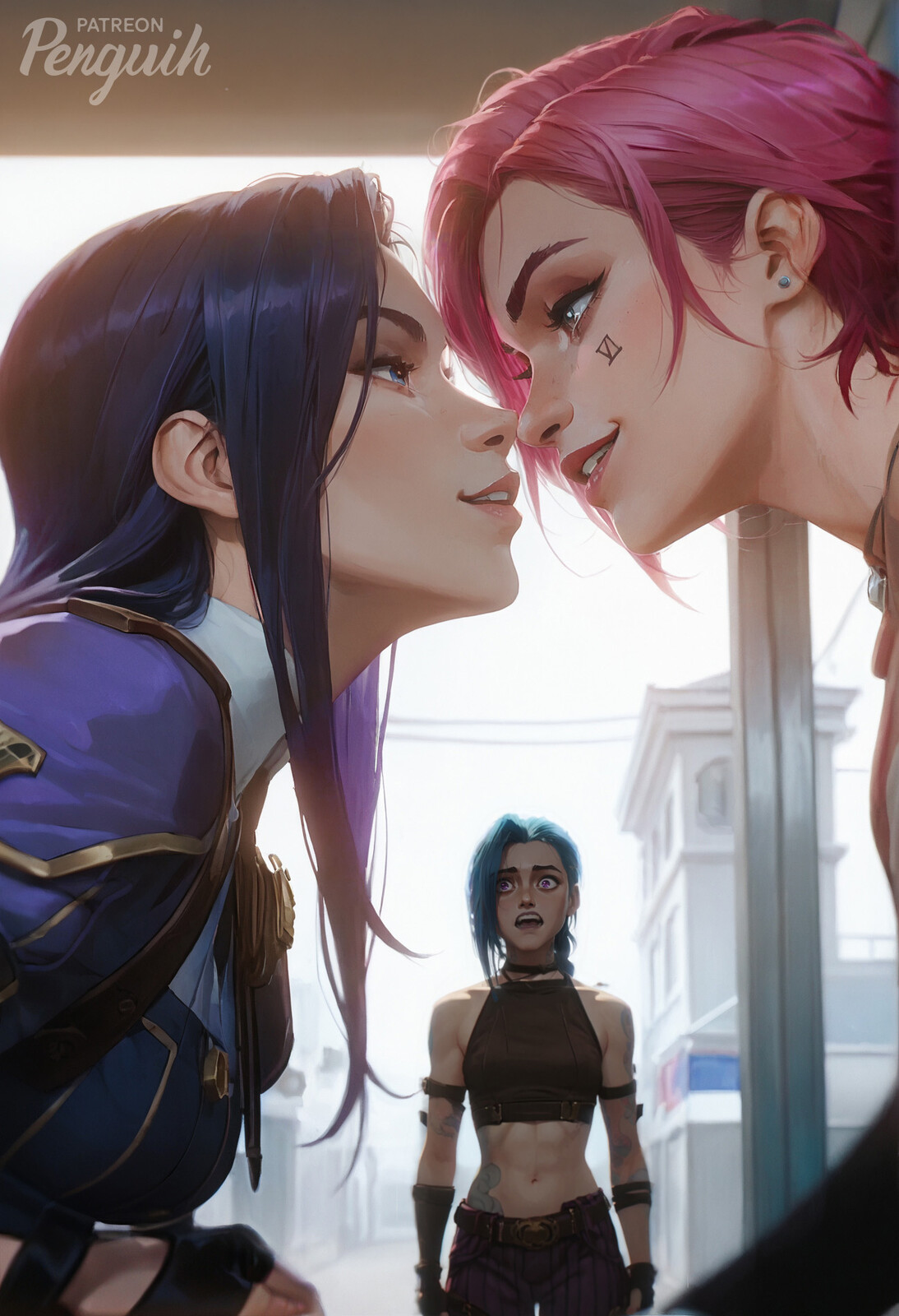 Penguih - Jinx looks shocked at Vi and Caitlyn's flirting (Arcane: League of Legends)