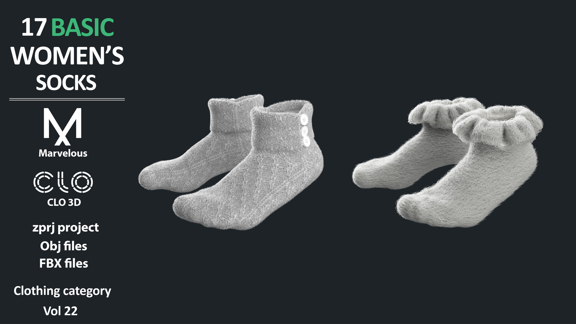 TOBart - 17 BASIC WOMEN'S SOCKS / ZPRJ + OBJ + FBX / Marvelous + Clo3D