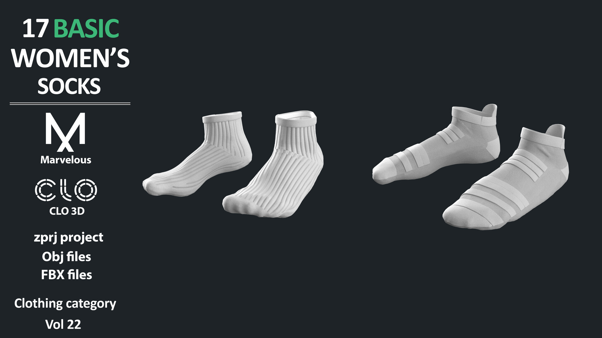 TOBart - 17 BASIC WOMEN'S SOCKS / ZPRJ + OBJ + FBX / Marvelous + Clo3D
