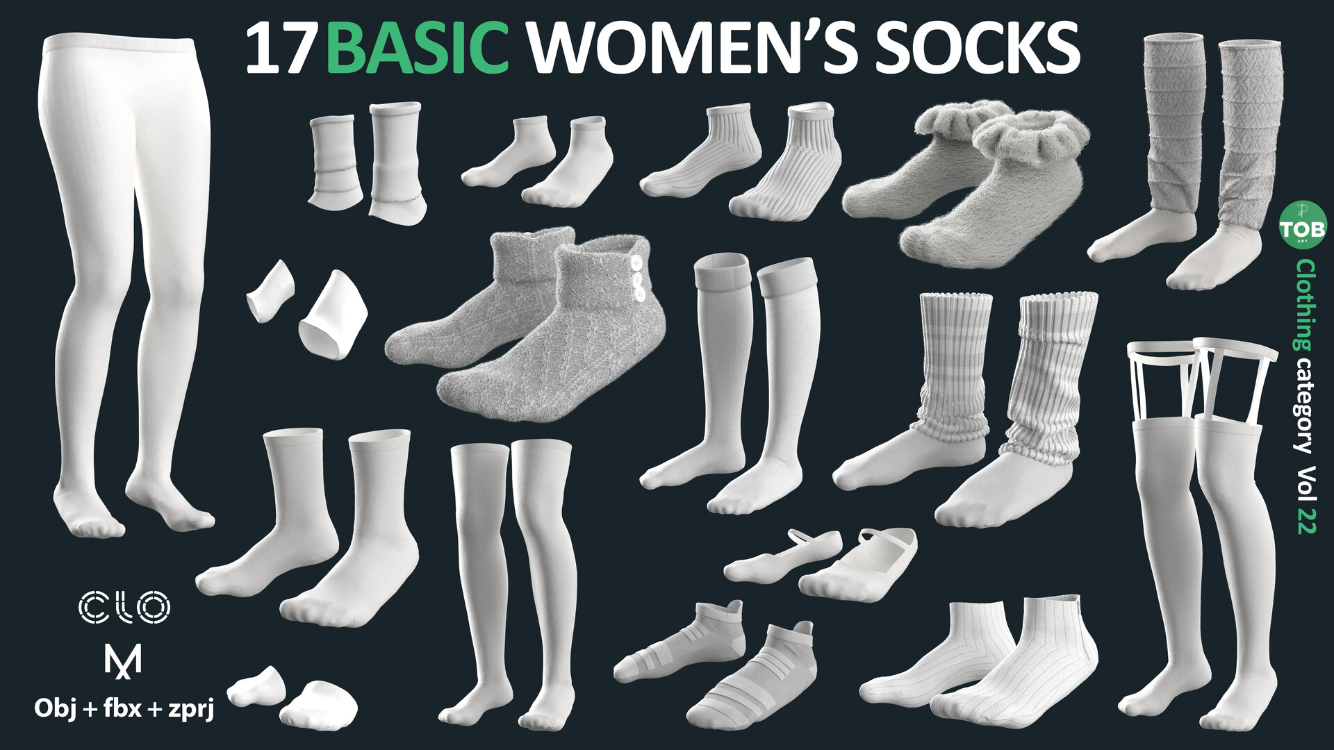 TOBart - 17 BASIC WOMEN'S SOCKS / ZPRJ + OBJ + FBX / Marvelous + Clo3D
