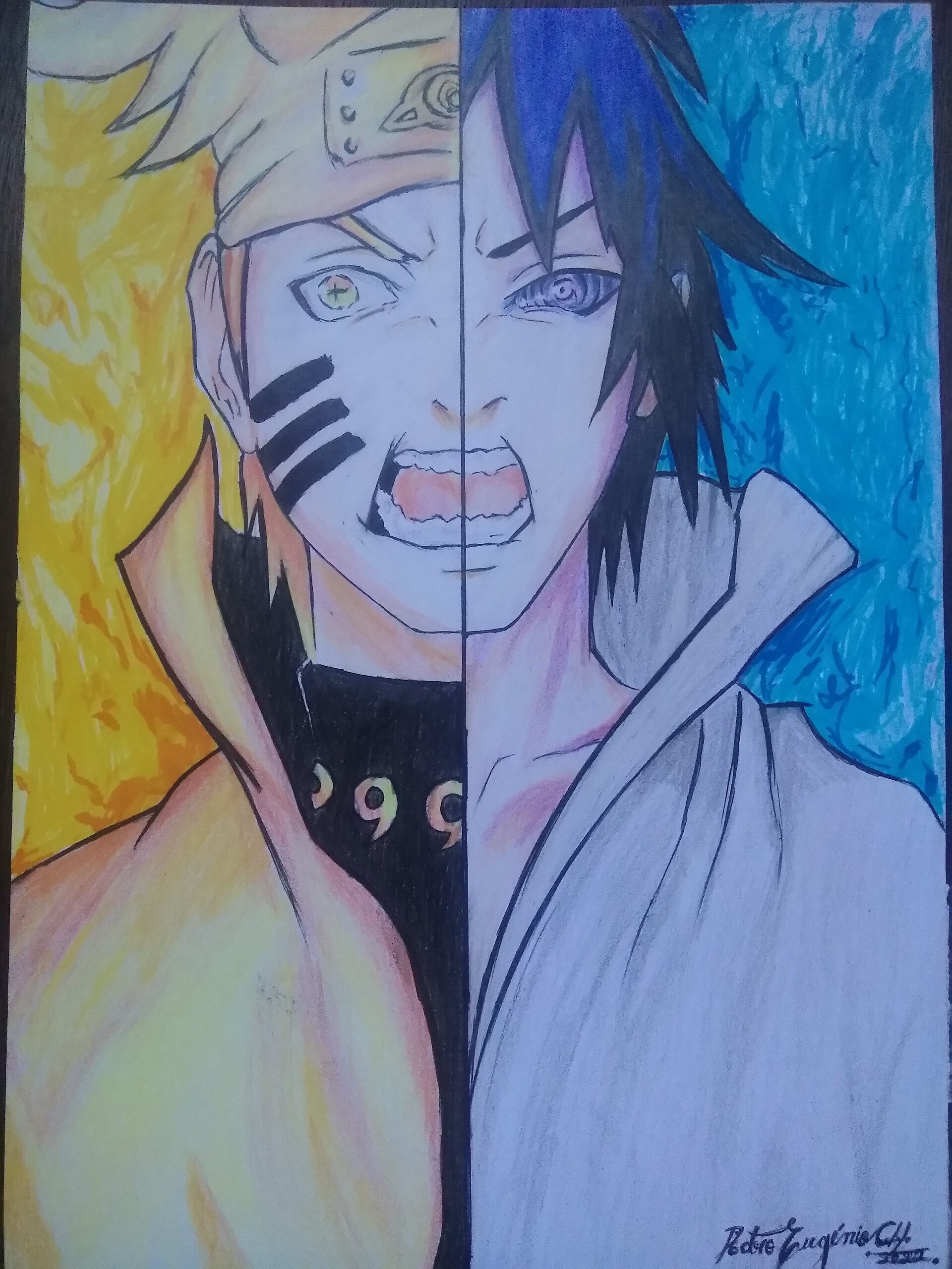 how to draw naruto and sasuke half face