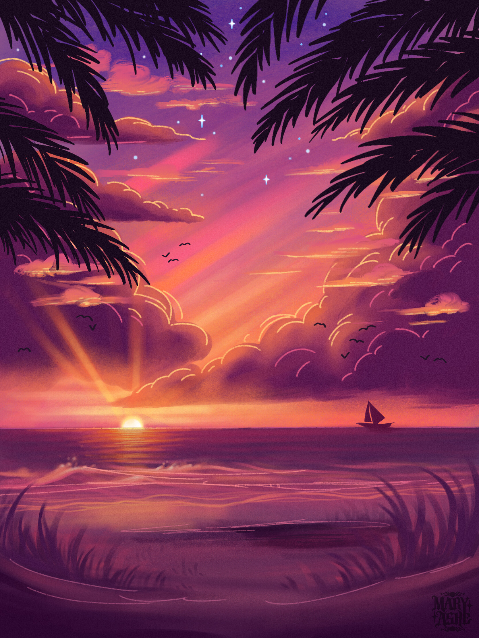 how to draw ocean sunset