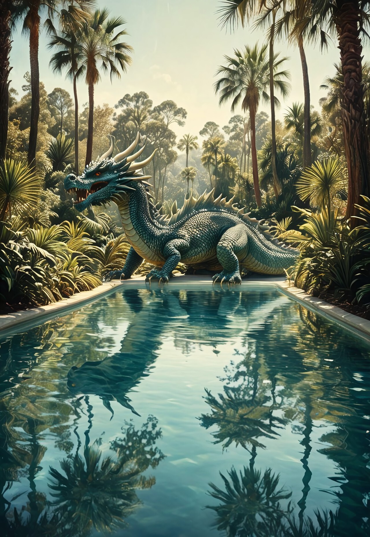 ArtStation - A dragon rests in a tranquil pool, encircled by lush trees