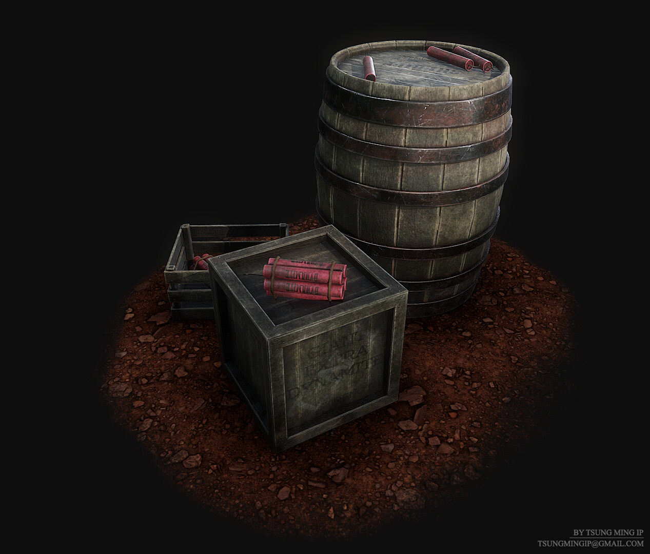 Tsung ming Ip - Old West Mining Wooden Barrel, Crate, Box and Dynamite