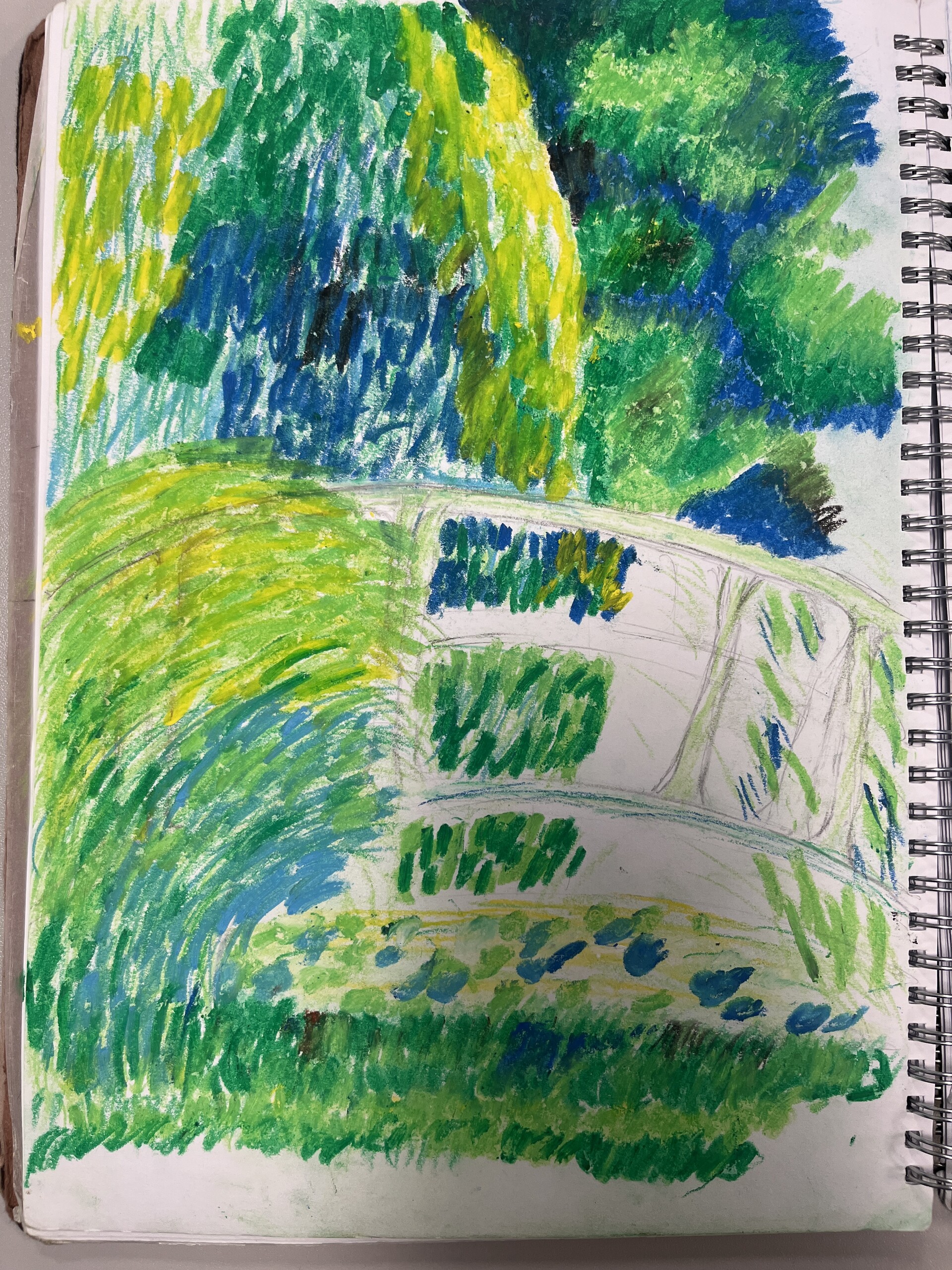ArtStation - Oil pastel drawing of a bridge surrounded by grass