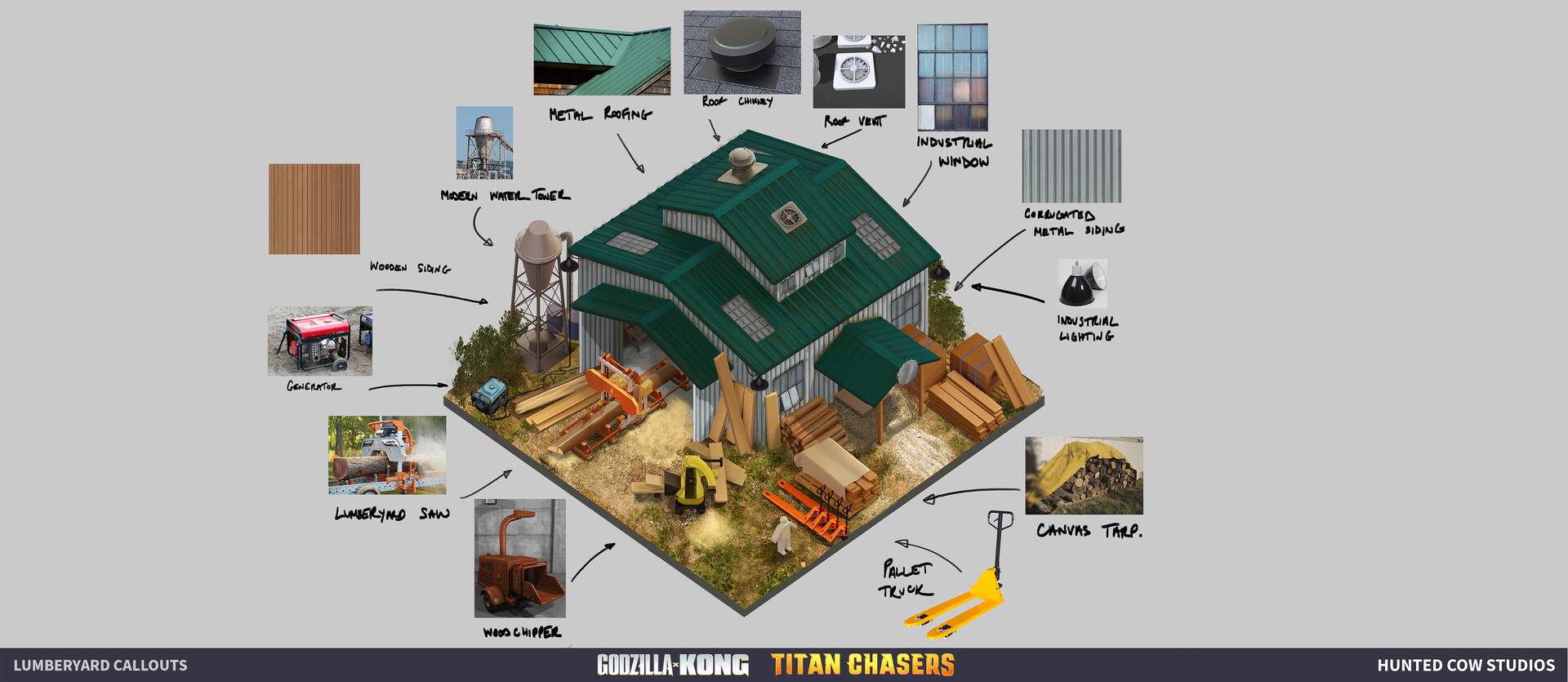 ArtStation - Night and day Titan Chaser lumberyard structure callouts for Godzilla x Kong ...