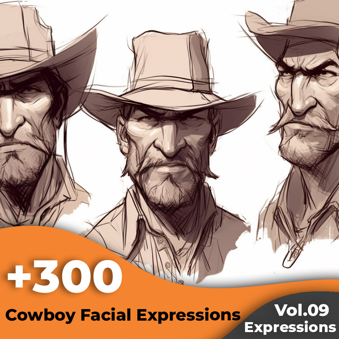 Concept Art - +300 Cowboy Facial Expressions Sketch Reference Images(4k)
