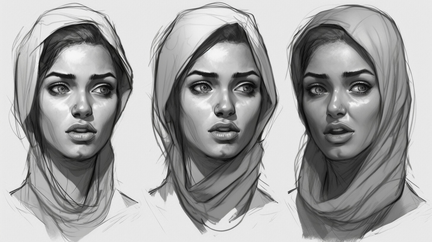 Concept Art - +300 Arabian Female Facial Expressions Sketch Reference Images(4k)