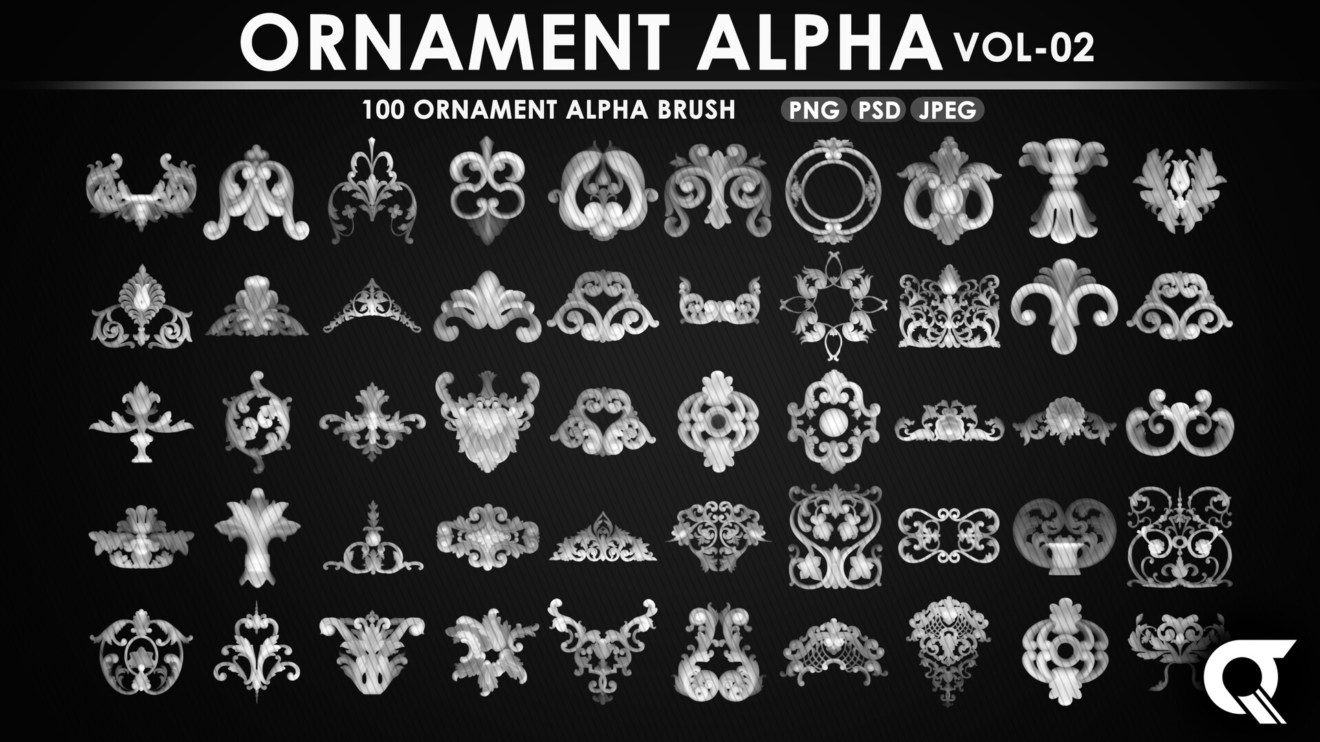QuickTool Studio - 100 Ornament Alpha Brush-VOL02 (PSD-PNG-JPEG)