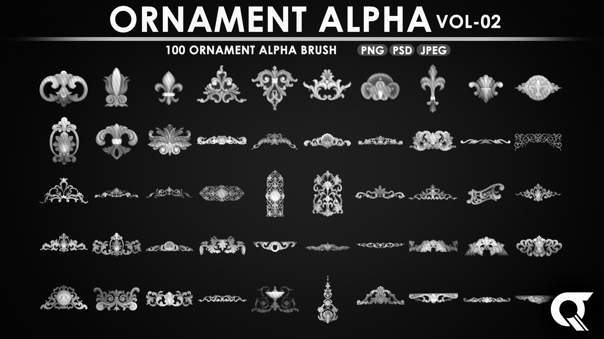 QuickTool Studio - 100 Ornament Alpha Brush-VOL02 (PSD-PNG-JPEG)