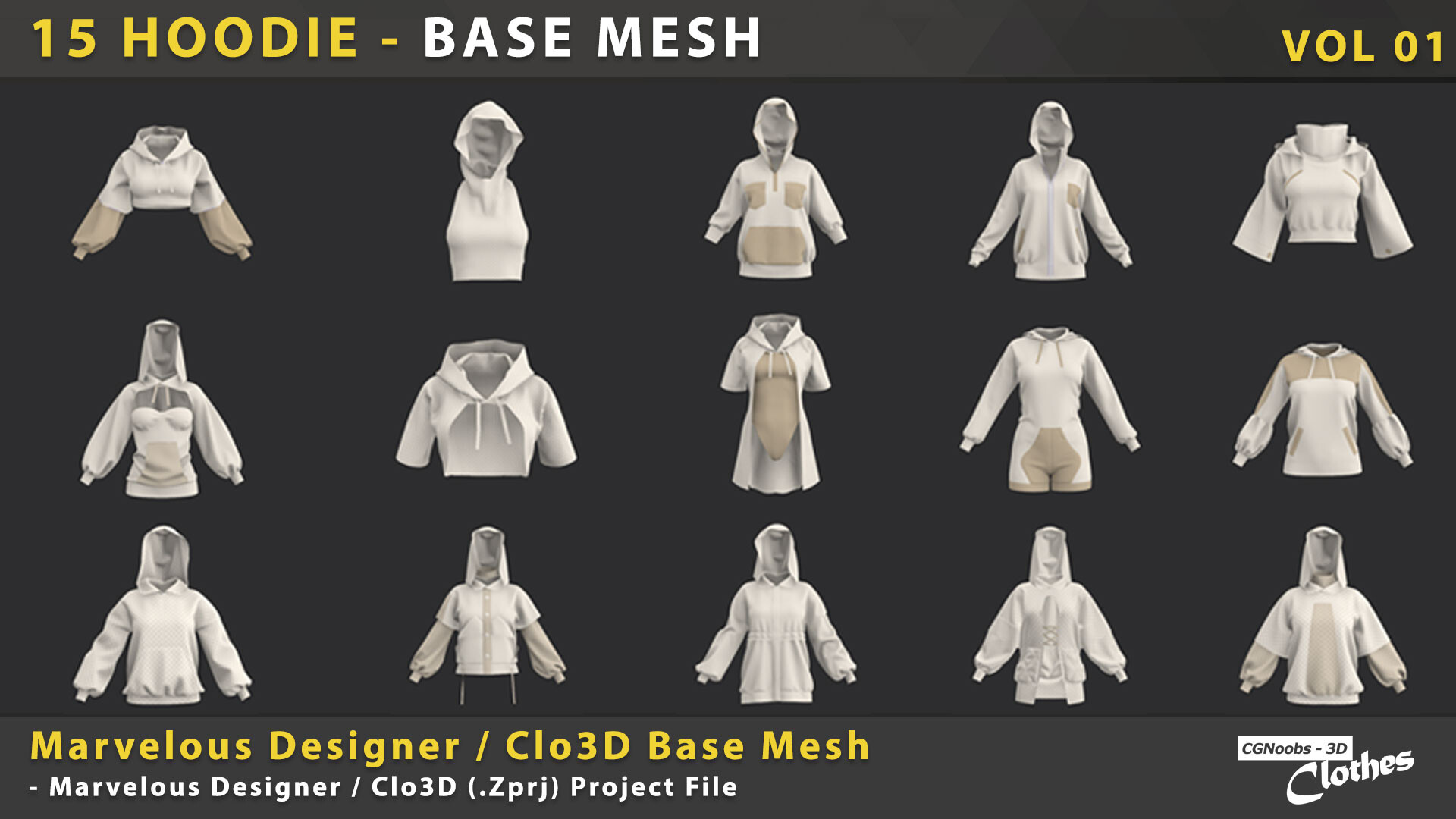 CG Noobs - 15 Hoodie Base Mesh Vol 01 - Marvelous Desinger and Clo3D