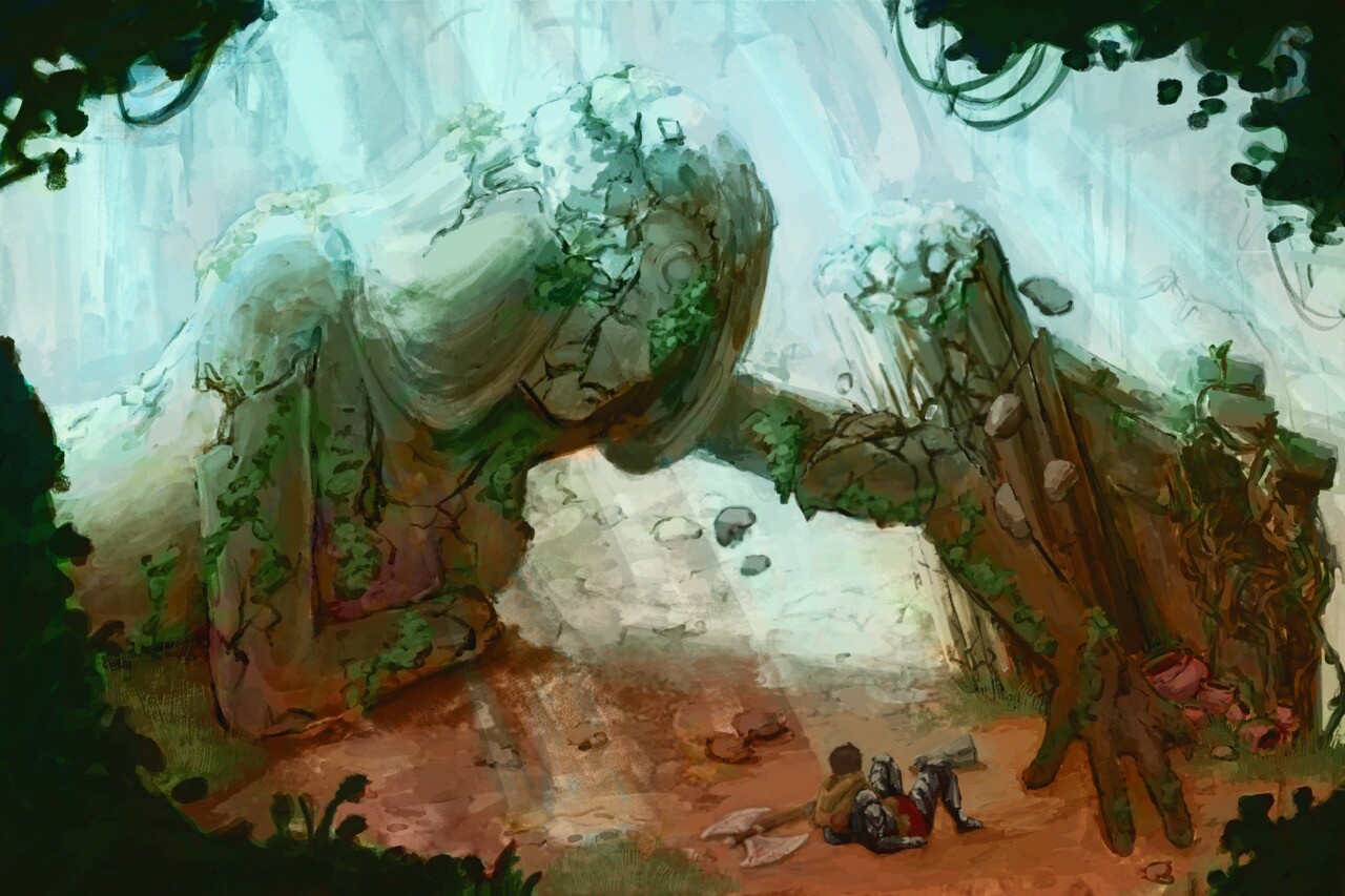 ArtStation - POV you almost died from being crushed by a pillar but a big statue lady saves you