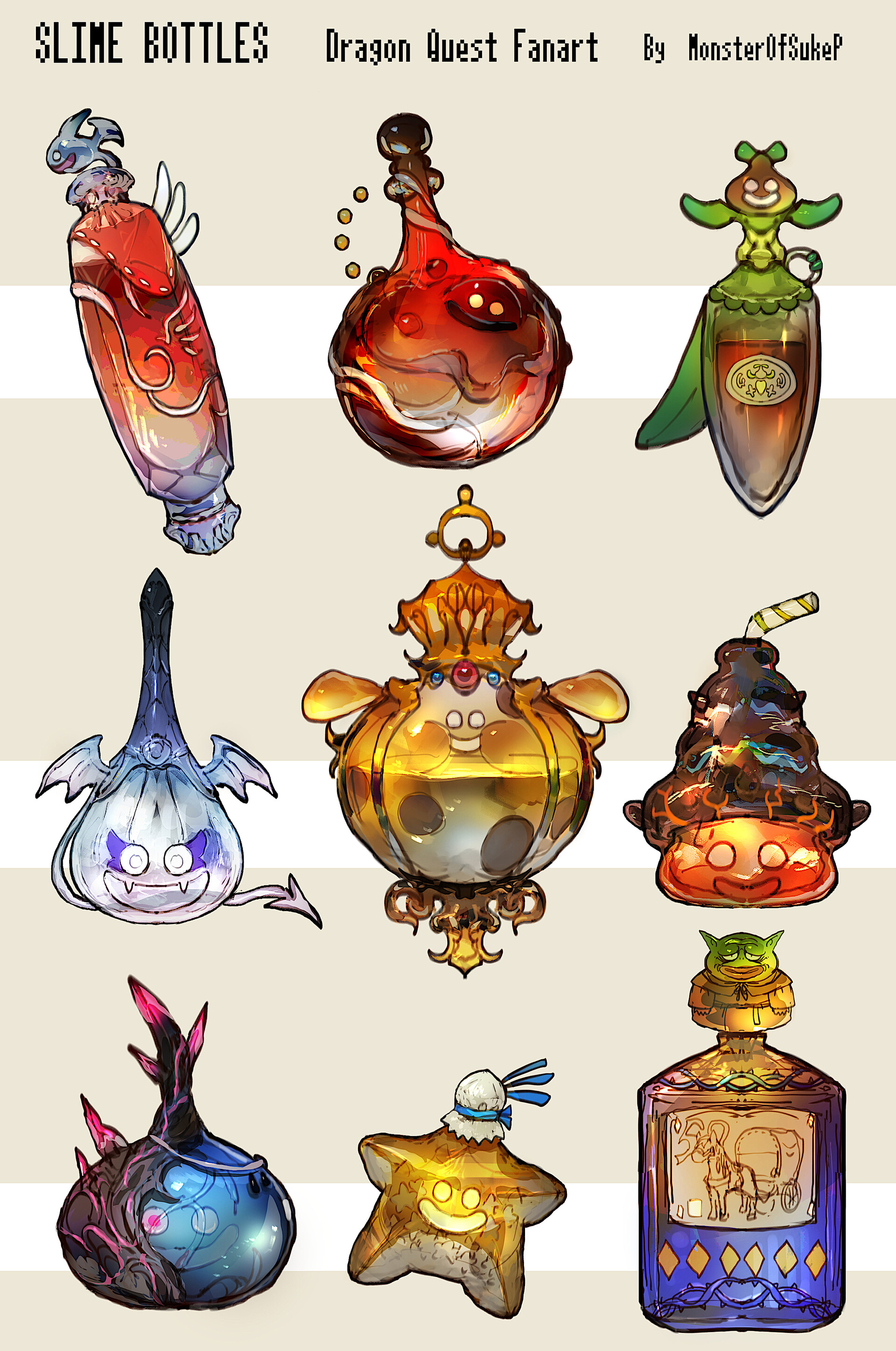 SukeP (Kosuke Nakamura) - Dragon Quest Slimes Potion Bottles (Fanart, 2024-)