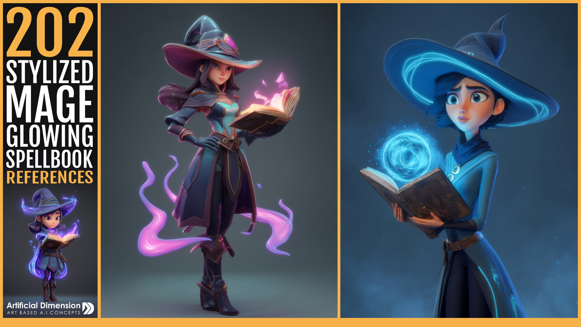 Artificial Dimension - 202 Stylized mage with Glowing Spellbook