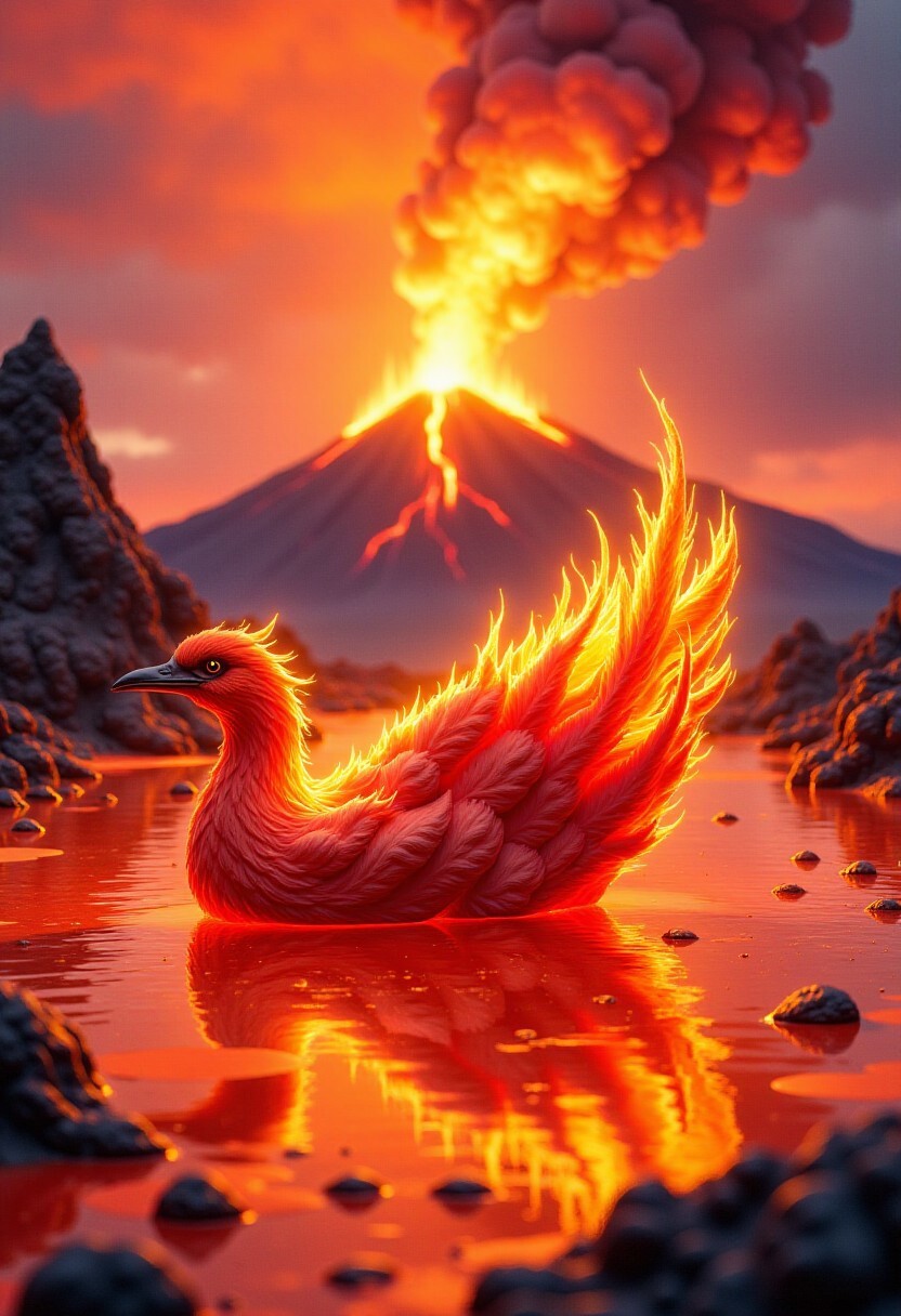 ArtStation - A phoenix bird floats on a serene lake with a volcano ...
