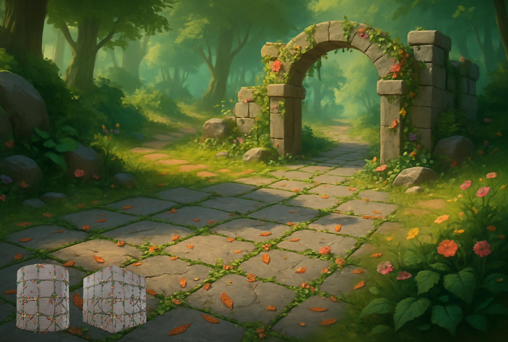Sahid Sk - Stylized Stone Path with Flowers & Leaves – Procedural Material (Substance Designer)