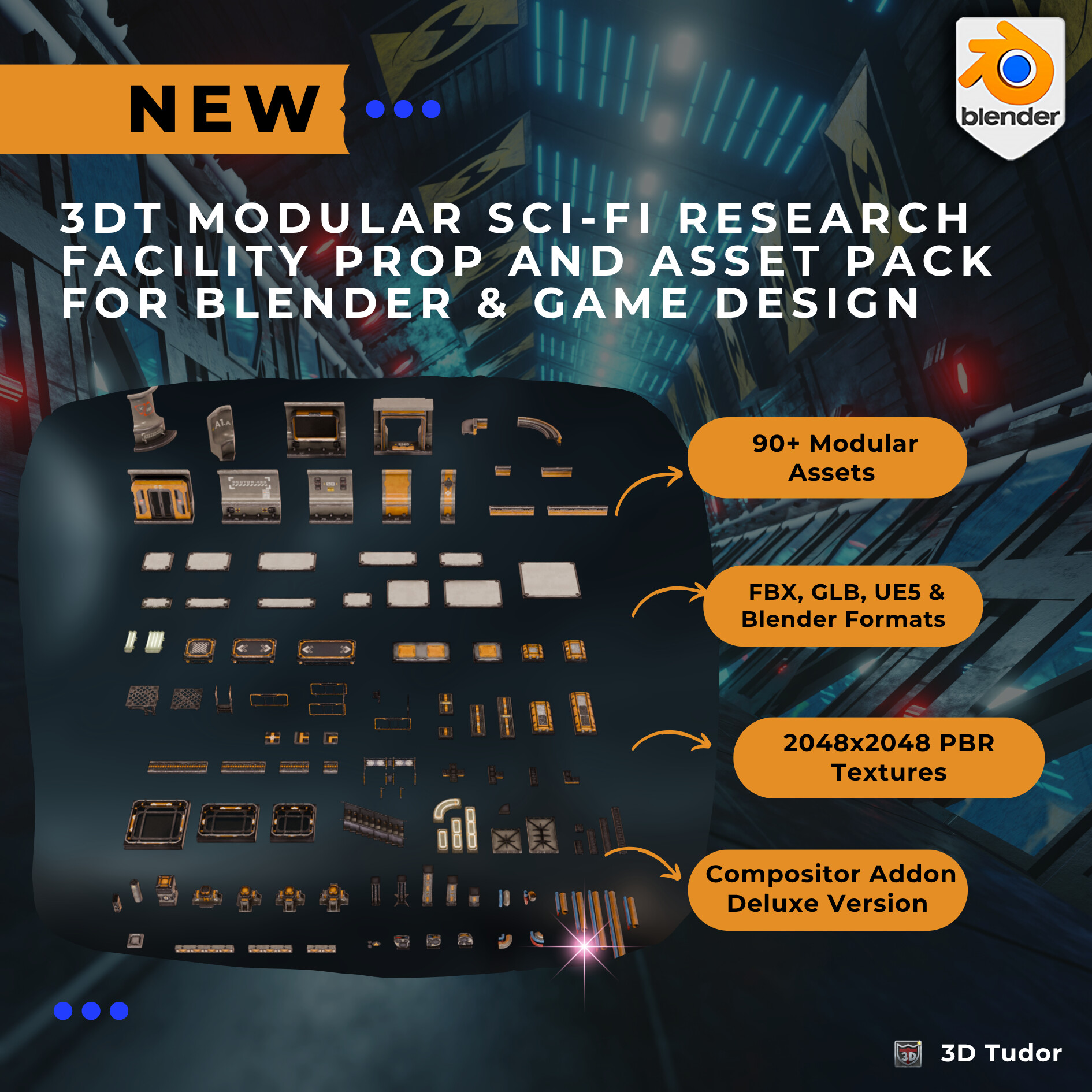 3D Tudor - 3DT Modular Sci-Fi Research Facility Prop and Asset Pack for Blender & Game Design