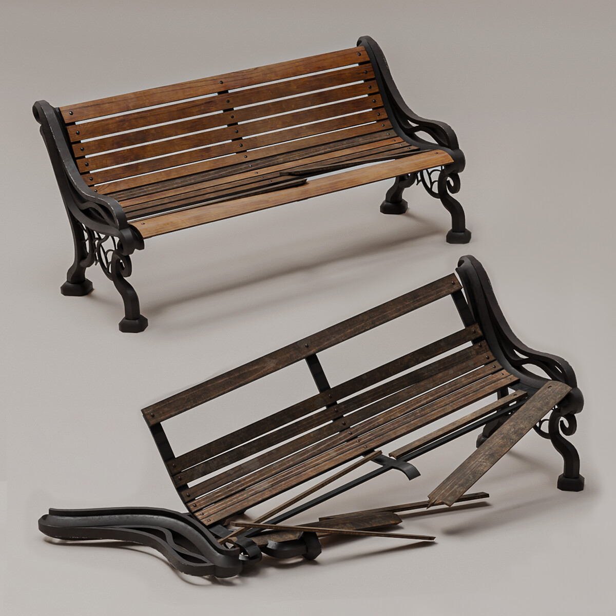 ArtStation - Set of 2 Broken Park Benches PBR Low-poly 3D model