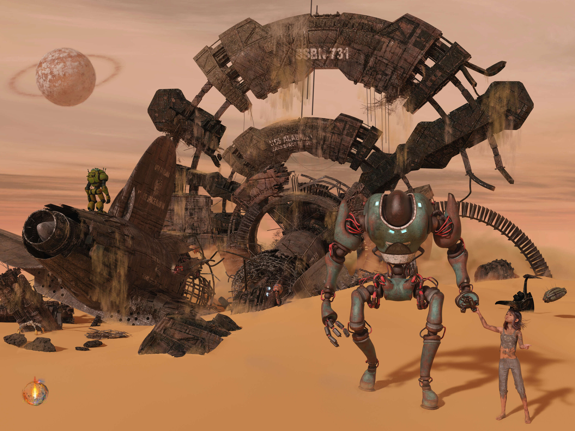 ArtStation - Starship Crash Lands on Robot Planet One Human Survived