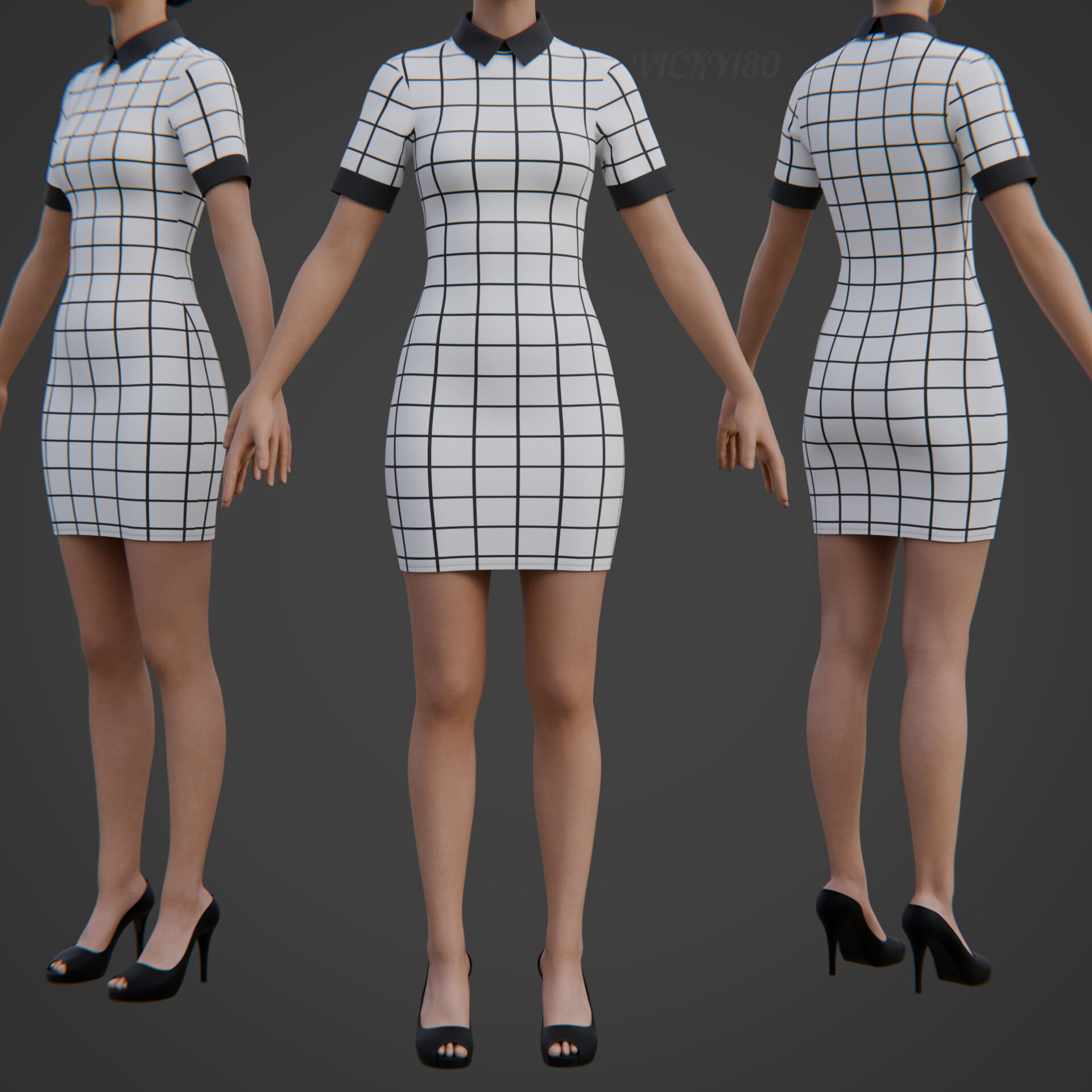 ArtStation - White Plaid Dress - Sexy Collar Bodycon Outfit 3D Model